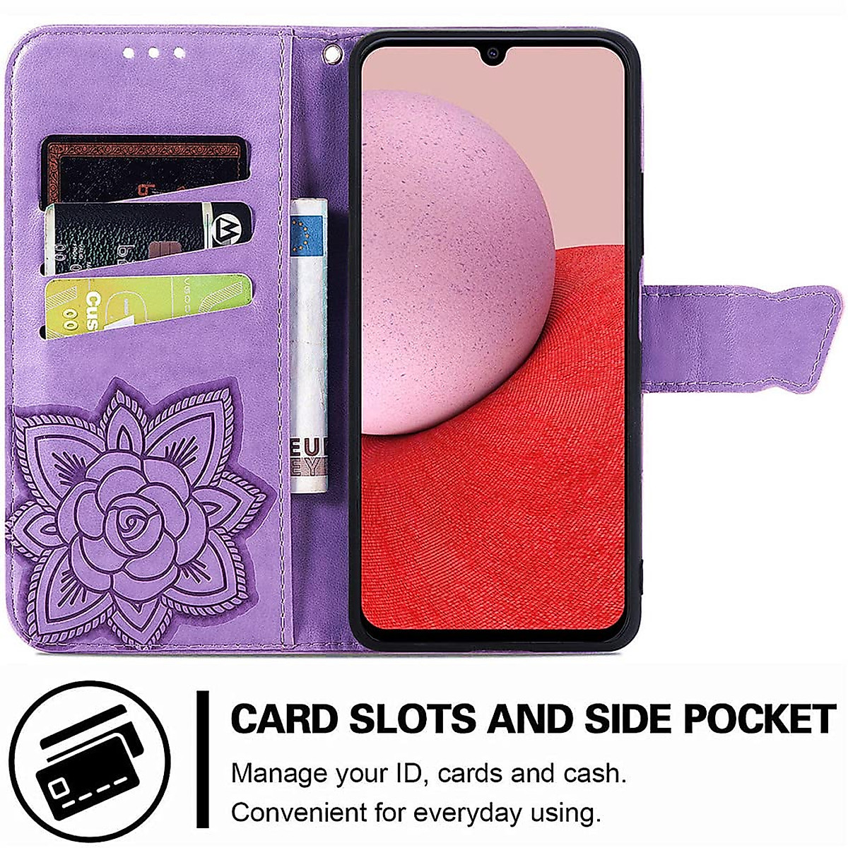 MEUPZZK Samsung Galaxy A14 5G Case, Samsung A14 5G Wallet Case, Embossed Butterfly Flower Premium PU Leather [Kickstand][Card Slots][Wrist Strap][6.6 inch] Phone Cover for Samsung A14 5G (A-Lavender)