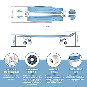 Swell Skateboards for Kids Ages 6-12 | Cruiser Complete Skateboard for Beginners, Boys, Girls, Youths, Teens, Adults College Students | 22 inch and 28 Inch Plastic Retro Mini Skateboard (22" Stringer)