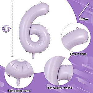 40 Inch Balloon Number 6 Light Purple, Large Foil Pastel Purple 6 Balloons Number for Women, Lavender Globos de Numero 6 Helium Balloons for Girls 6th Birthday Anniversary Graduation Party Decorations