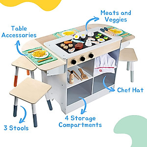 Hibachi Grill Wooden Kids Playset w/ Stools, Table Settings and Over 25 Toy Food Pieces - Noodles, Tongs, Meats, Veggies - Everything Your Little Chef Needs for Pretend Play Indoor Japanese Restaurant