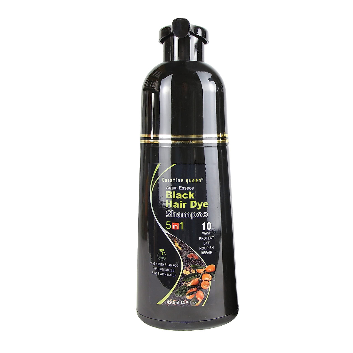 5-in-1 Black hair dye shampoo and conditioner, 420ml, for fast and Perfect coverage and long-lasting natural black color; Black hair dye shampoo for men and women with herbal extract ingredients