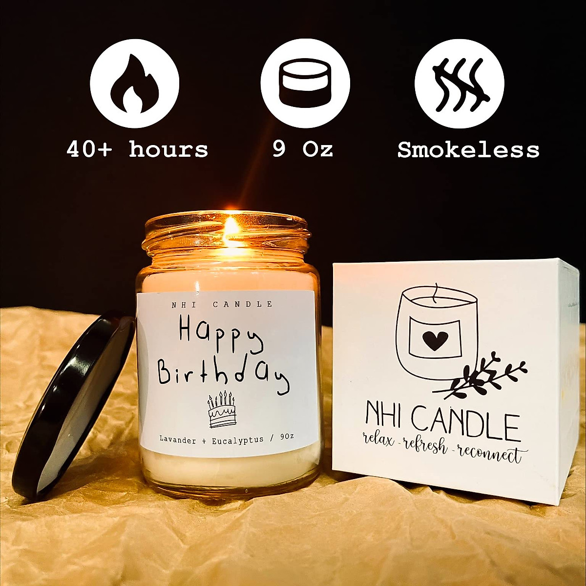 NHI Clothing Happy Birthday, Eucalyptus & Lavender Scented Soy Wax Candle for Home, 9oz Transparent Jar, Christmas Gifts for Women, Her, Teacher, Besties, Best Friend