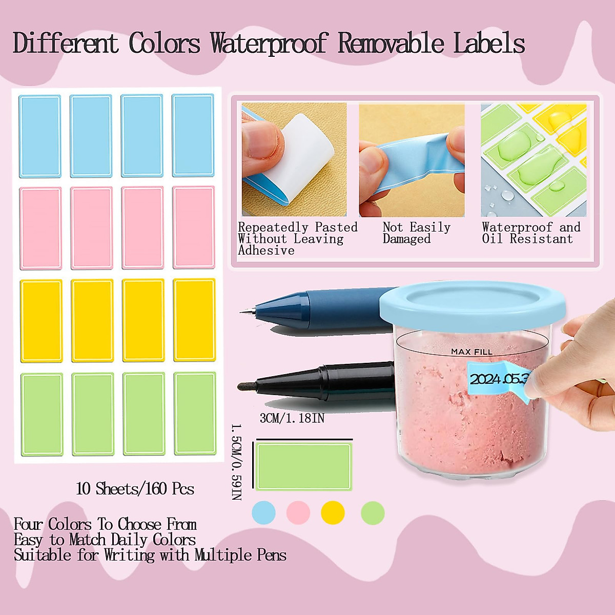 NLXCXUCY 4 Pack Containers Replacement for Ninja Creami Pints and Lids with 160pcs Waterproof Removable Labels,16oz Compatible with Ninja NC299AMZ NC300 Series Deluxe Ice Cream Makers Cups