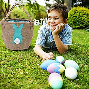 Easter Bunny Basket Burlap Buckets with Two Handles Egg Hunt Buckets with Fluffy Tail for Kids Easter Tote Bags for Storage Eggs Candies and Gifts(Yama Blue)