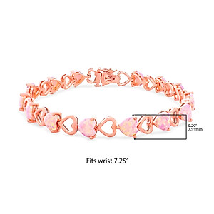 Lexi and Rose 14K Rose Gold Plated .925 Sterling Silver & Heart Shaped Lab-Grown Pink Opal Cabochon Heart Link Tennis Bracelet - 7-1/4"