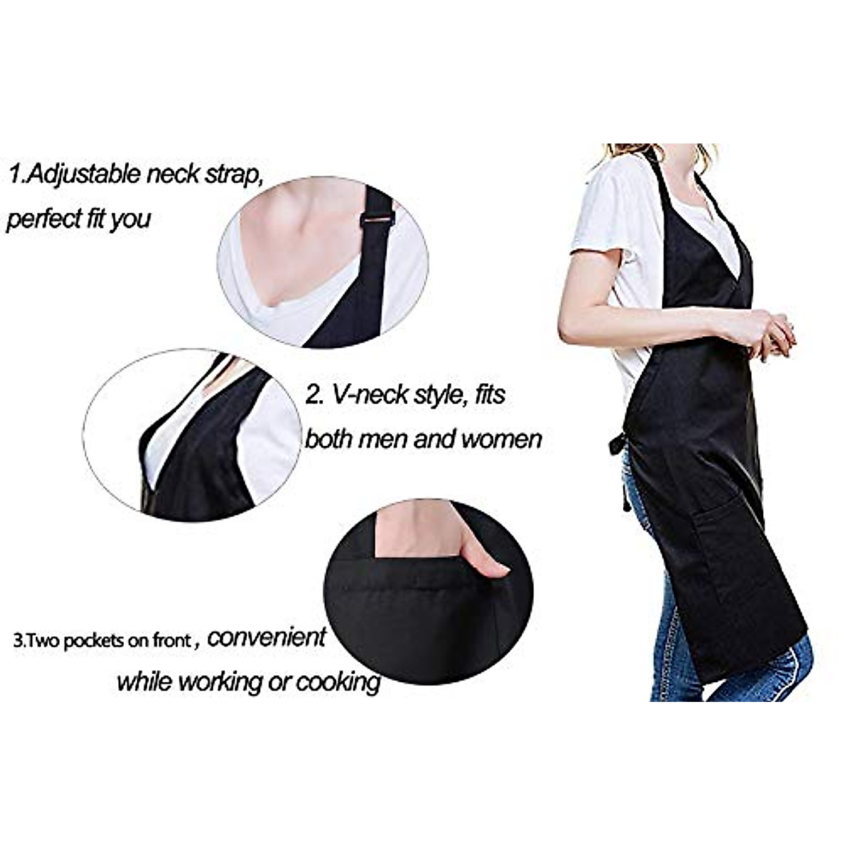 losofar Unisex Black Kitchen Chef V-neck Apron Adjustable Neck Straps Durable BBQ Cooking Works Aprons with Pockets (black)