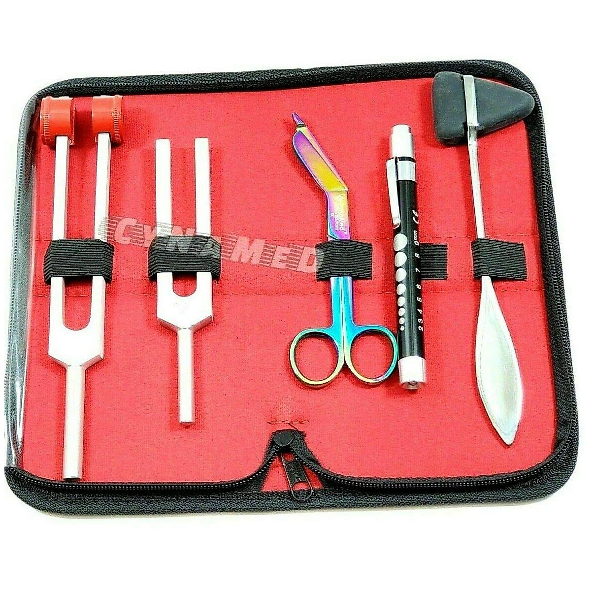 Premium Student Diagnostic Kit- Reflex Hammer & Tuning Fork Set C 128 And C 512 + Wartenberg Pinwheel Premium Steel Bandage Scissor 7.5” (Set Of 5 Rainbow Scissors Reusable Penlight)