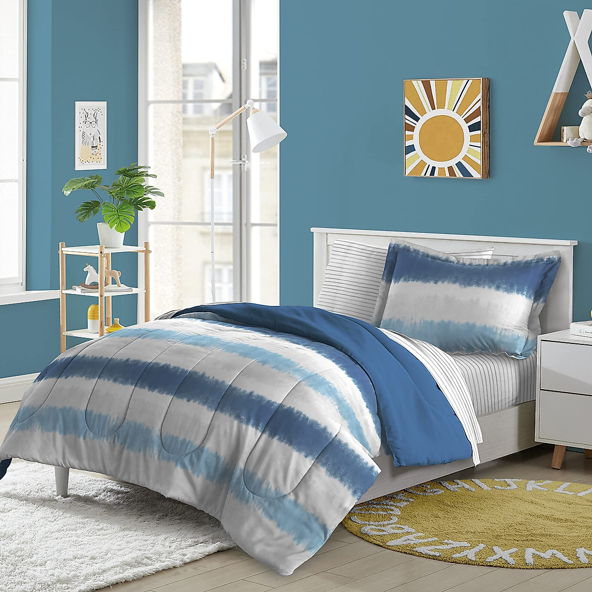 dream FACTORY Kids 5-Piece Complete Bed Set Easy-Wash Super Soft Microfiber Comforter Bedding, Twin, Blue Tie Dye Stripe,2D872901BL