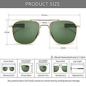 SUNGAIT Men's Military Style Polarized Pilot Aviator Sunglasses - Bayonet Temples (Gold Frame/Green Lens, 55) A285JKLV