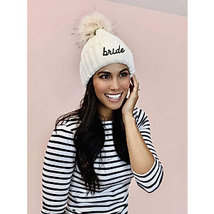 ModParty Bride & Bridesmaid Beanie Hats Knitted with Faux Fur Pom Poms for Women Winter Bachelorette Parties (White)
