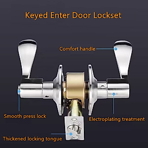 GOYUWEN Keyed Exterior Door Lever Lockset and Piglet Handle Anti-Collision, Door Knob with Lock, 6 Keys Satin Nickel(1 Pack Keyed Lever)