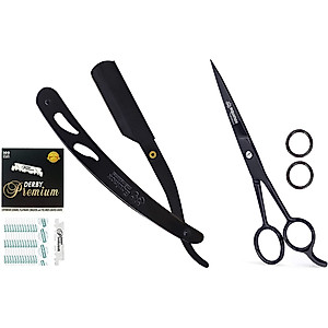 Equinox Professional Straight Edge Razor with 100 Single Derby Straight Razor Blades and Professional Hair Cutting Scissors