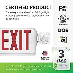 Sunco Lighted Exit Signs for Business with Battery Backup, Emergency LED Exit Light Combo, 120-277V Double Sided with Two LED Flood Lights, Fire Resistant UL 94V-0, Commercial Grade 6 Pack