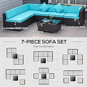 Outsunny 7-Piece Patio Furniture Sets Outdoor Wicker Conversation Sets All Weather PE Rattan Sectional Sofa Set with Cushions & Tempered Glass Desktop, Turquoise