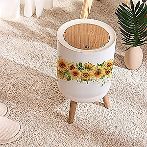 Small Trash Can with Lid Sunflower Seamless Watercolor Horizontal Border Yellow Rural Flowers Round Recycle Bin Press Top Dog Proof Wastebasket for Kitchen Bathroom Bedroom Office 7L/1.8 Gallon