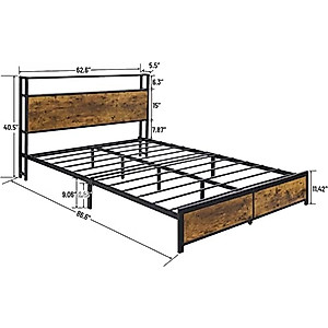 Queen Bed Frame with 2-Tier Storage Headboard, Platform Bed Frame Queen Size No Box Spring Needed, Metal Bed Frame Queen with Heavy Duty Steel Slats, Underbed Storage Space, Noise Free, Dark Brown