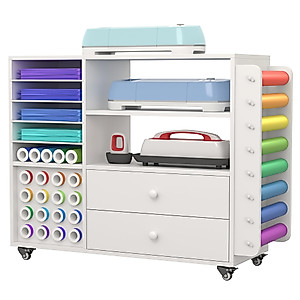 Craft organization and storage Cart Compatible with Cricut Machine Cricut Table, Rolling Craft Organizer With two large drawer & 24 Vinyl Roll Holder & Paper Storage Organizer, for Home Craft Room
