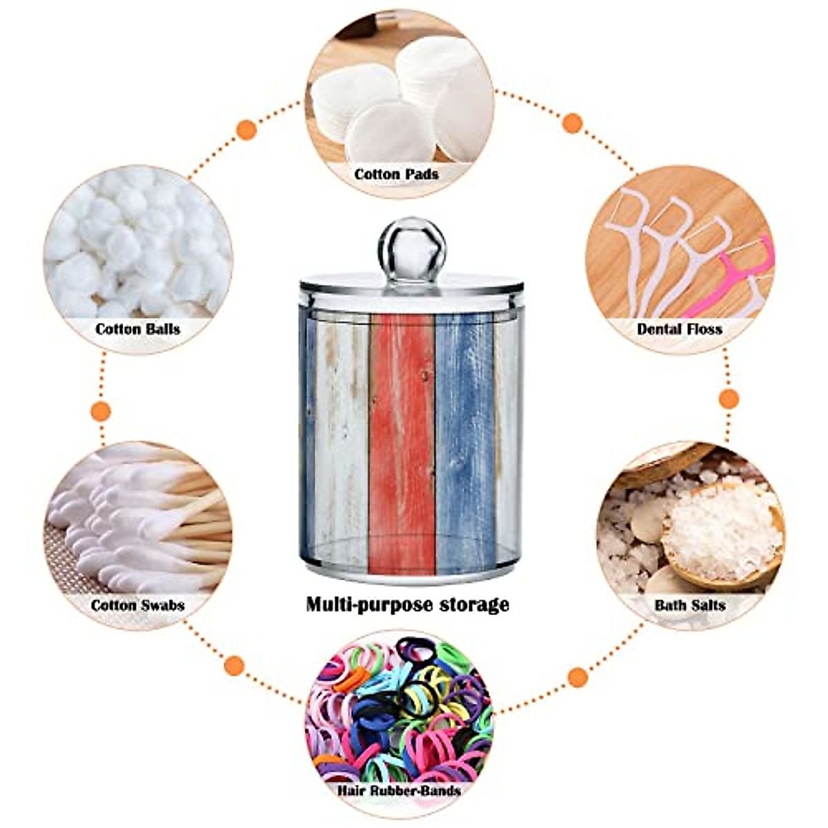 Qtip Holder Dispenser Patriotic Wooden Boards Plastic Apothecary Jar Containers for Vanity Makeup Organizer Storage Bathroom Organizer