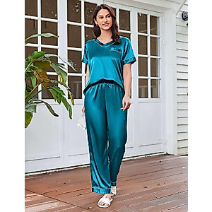 Ekouaer Womens Silky Pajamas Set Satin Pj Set Short Sleeve Top and Long Pant Pajama Set Two Piece Sleep Set Silky Sleepwear Nightwear Blue