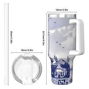 Xiexide 40oz Stainless Steel Gifts Vintage Blue Nederland Dutch Windmill Country Double Walled Vacuum Insulatedith Handle And Straw,Hot & Cold Drinks