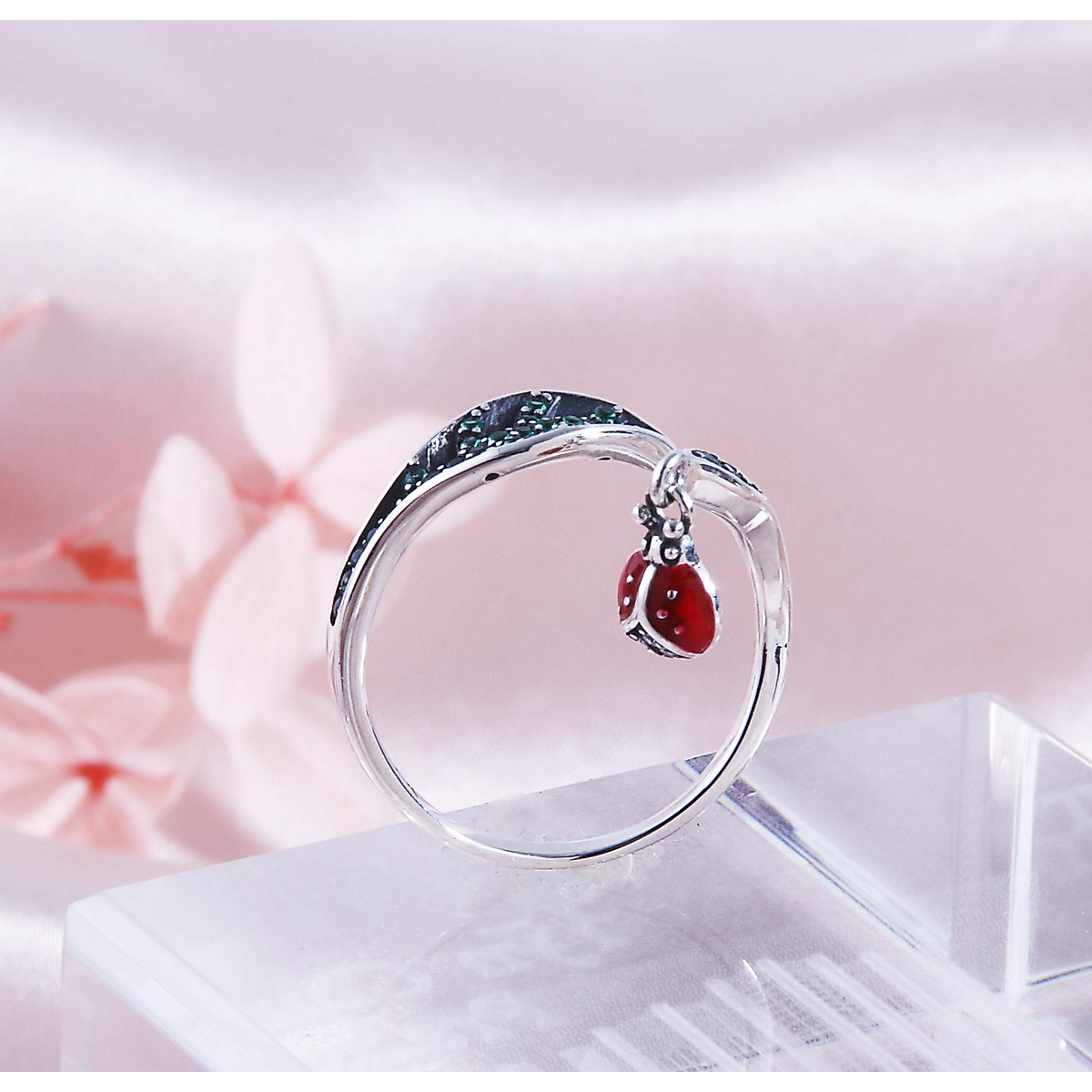 Helen de Lete Ladybug on Tree Leaf S925 Sterling Silver Adjustable Ring