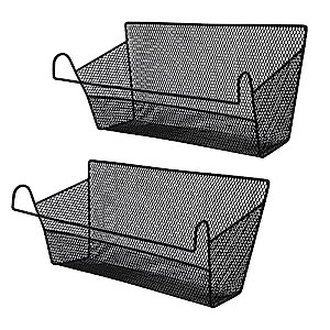 2 packs wrought iron bedside hanging basket, student dormitory bed storage baskets, metal mesh desktop corner racks, hanging organizers, used for bedside storage, beverage tissues and office rooms with hooks (black)