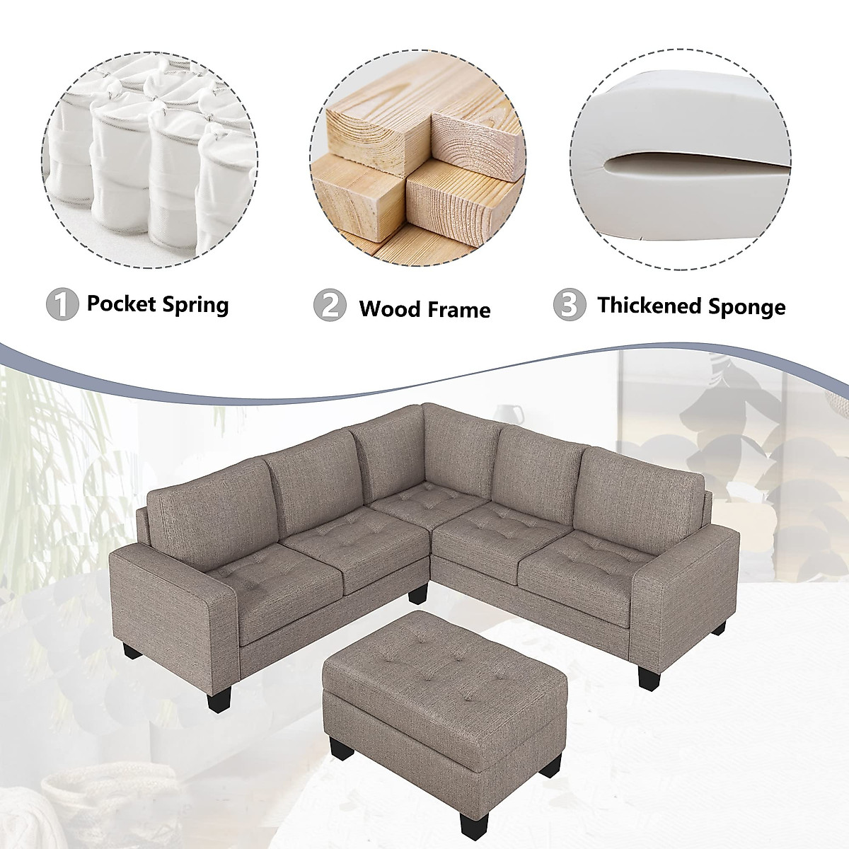 Merax Sectional Corner Sofa Set, Modern L-Shaped Couch with Storage Ottoman and Cup Holders for Living Room, Linen Brwon
