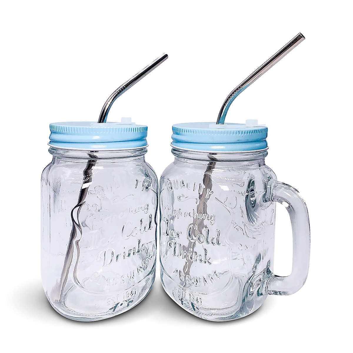 Home Suave Mason Jar Mugs with Handle, Regular Mouth Colorful Lids with 2 Reusable Stainless Steel Straw, Set of 2 (Light Blue), Kitchen GLASS 16 oz Jars,Refreshing Ice Cold Drink & Dishwasher Safe