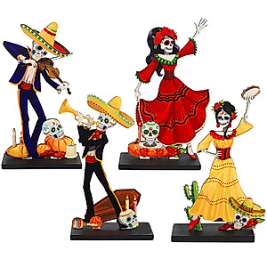 4 Pieces Day of The Dead Table Top Decorations Wooden Halloween Sign for Mexican Fiesta Decorations,Dia De Los Muertos Centerpieces for Table