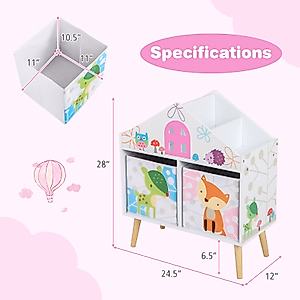 HONEY JOY Toy and Book Organizer for Kids, Wooden Stand Bookcase w/ 2 Storage Bins, Children Toy Storage Chest Box w/Elevated Solid Wood Legs, Toy Storage Unit Organizer for Playroom (White)