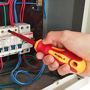 Gunpla 11 Pieces VDE Insulated Screwdriver Set, 1000V with Black Tip Magnetic, TPR Handle Electrician Soft-Grip Slotted Phillips and Pozi Tools with Safety Tester for Electrician Repair