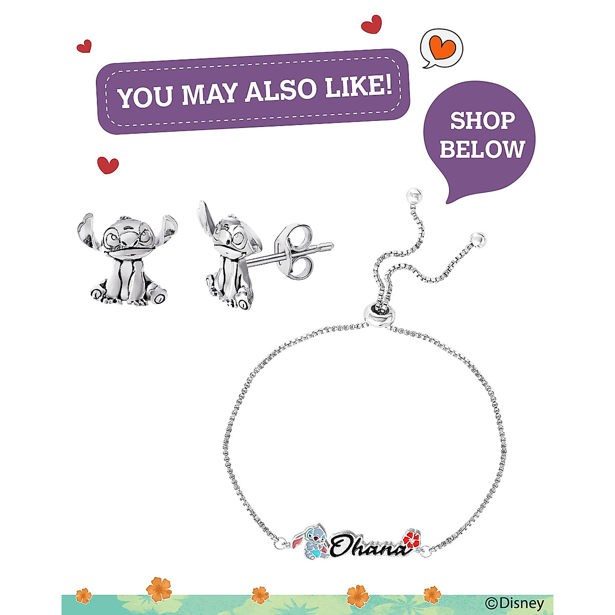 Disney Lilo & Stitch Sterling Silver Necklace for Women, 3D Pendant Stitch Necklace with 18-inch Chain Official License