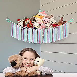 DVUBMO Stuffed Animal Net or Hammock with LED Light, Hanging Corner Net for Stuffed Animals Storage, Stuffed Animal Hammock Holder with Tassels for Nursery Play Room Kids Bedroom (Green+Pink)