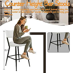 Sucrever 24” Boucle Bar Stools Set of 2, Counter Height Bar Stools with Back, Sherpa Barstools with Black Metal Legs/Footrest, Cream White