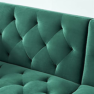 PBOGHLRD Convertible Velvet Loveseat Sofa, Upholstered Nail Head Futon Sofa Bed with Two Pillows, Modern Sleeper Couch Bed for Living Room, Bedroom, Home Office (Green)