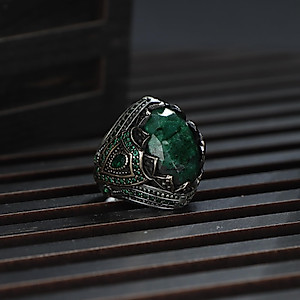 Emerald Stone Men Silver Ring, 925 Sterling Silver Emerald Gemstone Ring, Handmade Engraved Turkish Silver Ring with Natural Emerald Stone gifts for men handmade rings valentines day gifts for him