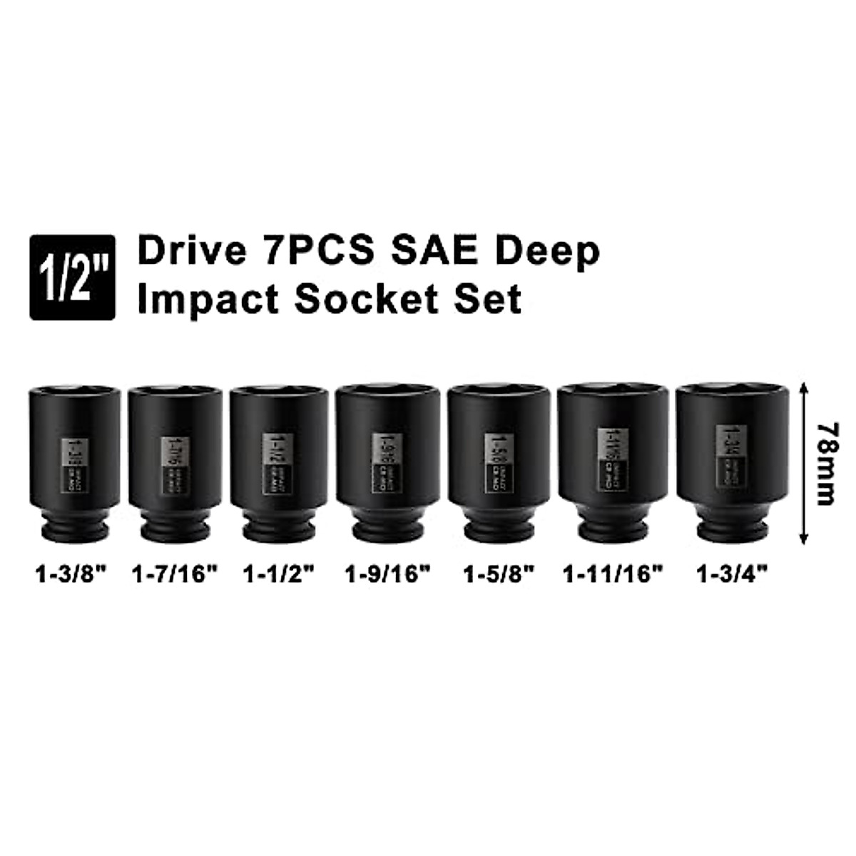 Mayouko 7PCS 1/2 Inch Drive Deep Impact Socket Set, 1-3/8" - 1-3/4", Spindle Axle Nut Sockets, SAE, Deep, 6-Point, CR-MO