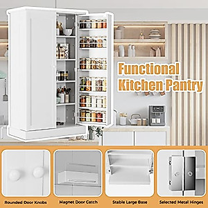 JEROAL Wooden Pantry Cabinet, Kitchen Storage Pantry Cabinet Organizer, Dining Room Entryway Floor Farmhouse Storage Cabinet with Doors and Shelves, White