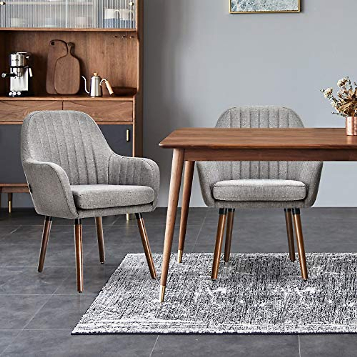 Giantex Set of 4 Fabric Dining Chairs, Accent Upholstered Arm Chair w/Wood Legs, Thick Sponge Seat, Non-Slipping Pads, Modern Leisure Chair for Dining Room, Living Room, Bedroom (4, Grey)