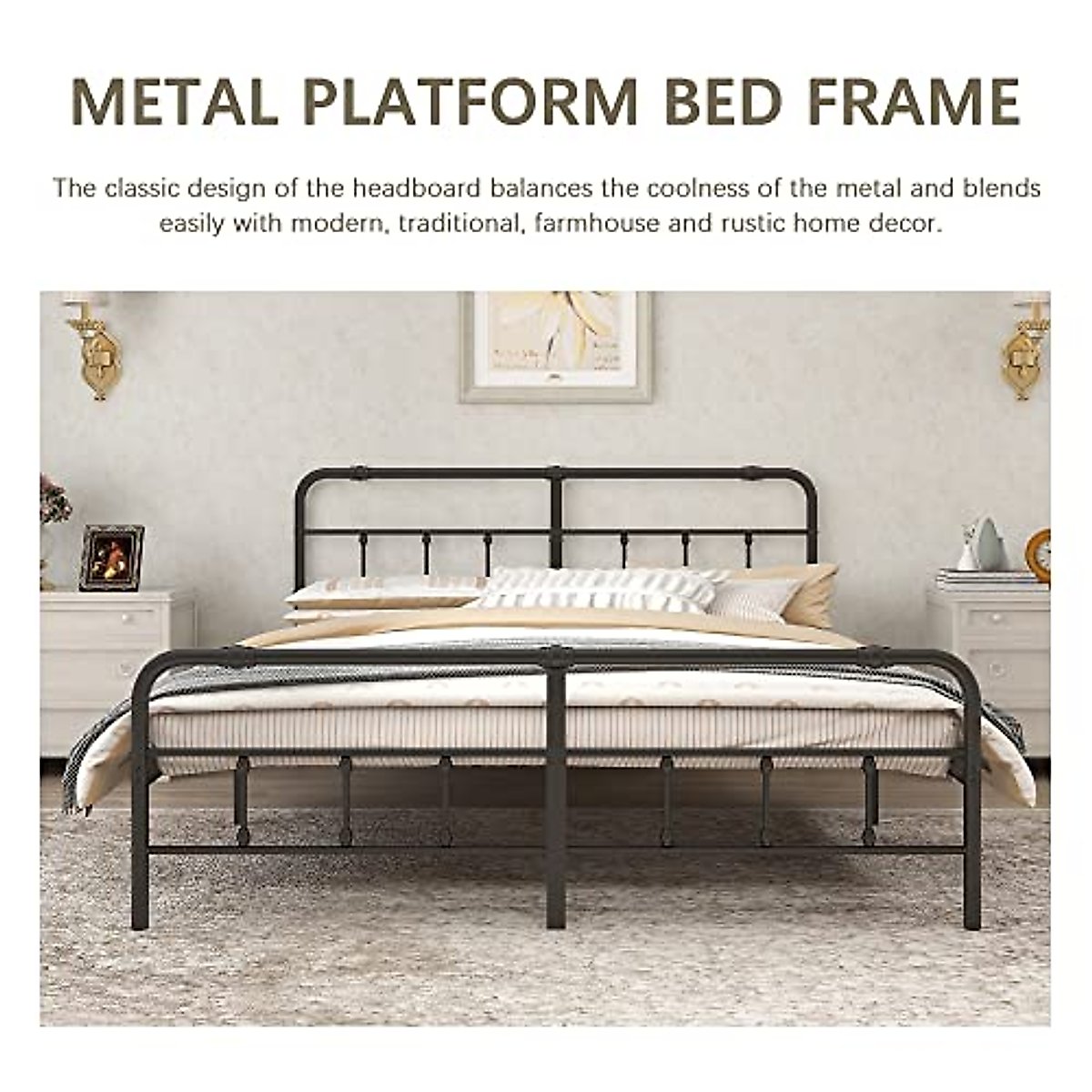 ZIRUWU King Size Metal Platform Bed Frame with Headboard Footboard Extra Strong Support No Box Spring Needed Noise Free Easy Assembly Black