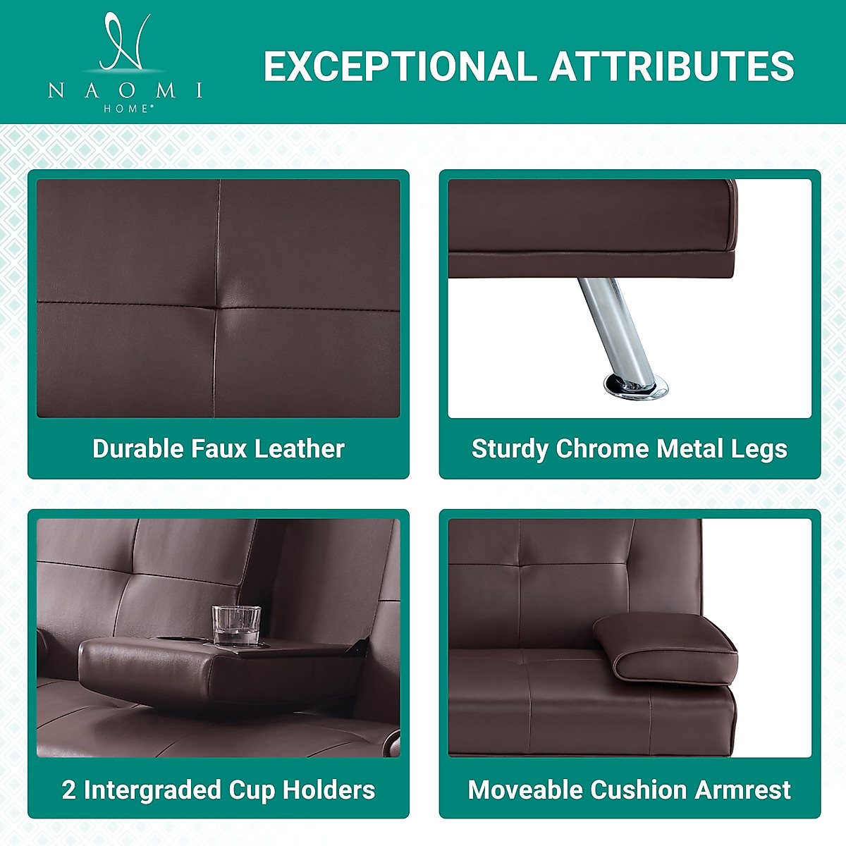 Naomi Home Transform Your Living Space with Comfort Espresso Futon Sofa Bed with Armrest, Cupholders, & Reclining Function, Ideal for Cozy Living Rooms! Sofa Bed Couch with Metal Legs, Faux Leather