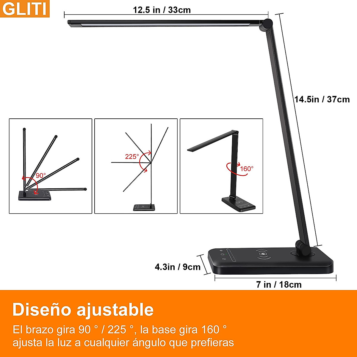 GLITI LED Desk Lamp with Wireless Charging，Dimmable Desk Light, 5 Light Colors, 6 Brightness Levels, Touch Control Table Lamp with USB Rechargeable, Auto Timer, for College Dorm, Home, Office