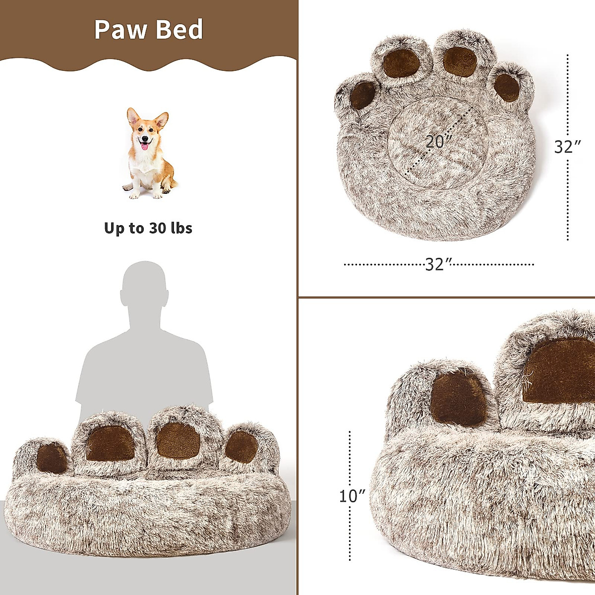 Jiupety Paw Shape Calming Pet Bed, Medium Plush Faux Fur Donut Bed for Dogs & Cats, Machine Washable, Non-Slip Bottom, Extra Large Size (32"×32"×10"), Gray