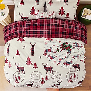Bedsure Christmas Duvet Cover Queen - Christmas Bedding Queen Size, Reversible Buffalo Check Printed Christmas Plaid Duvet Cover, Includes 1 Duvet Cover and 2 Pillow Shams (Queen, Reindeer)