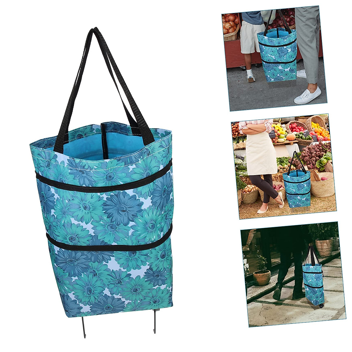 SHOWERORO Foldable Shopping Bag Wheel Oxford Fabric Large Capacity Groceries Shopping Bag Storage Pouch