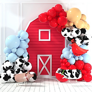 HOUSE OF PARTY Cow Balloons Garland - 110 Pcs | Western Cow Print Blue Red & Tan Balloons with Cow Foil Balloon for Decoration | Cowboy Baby Farm Theme Decor