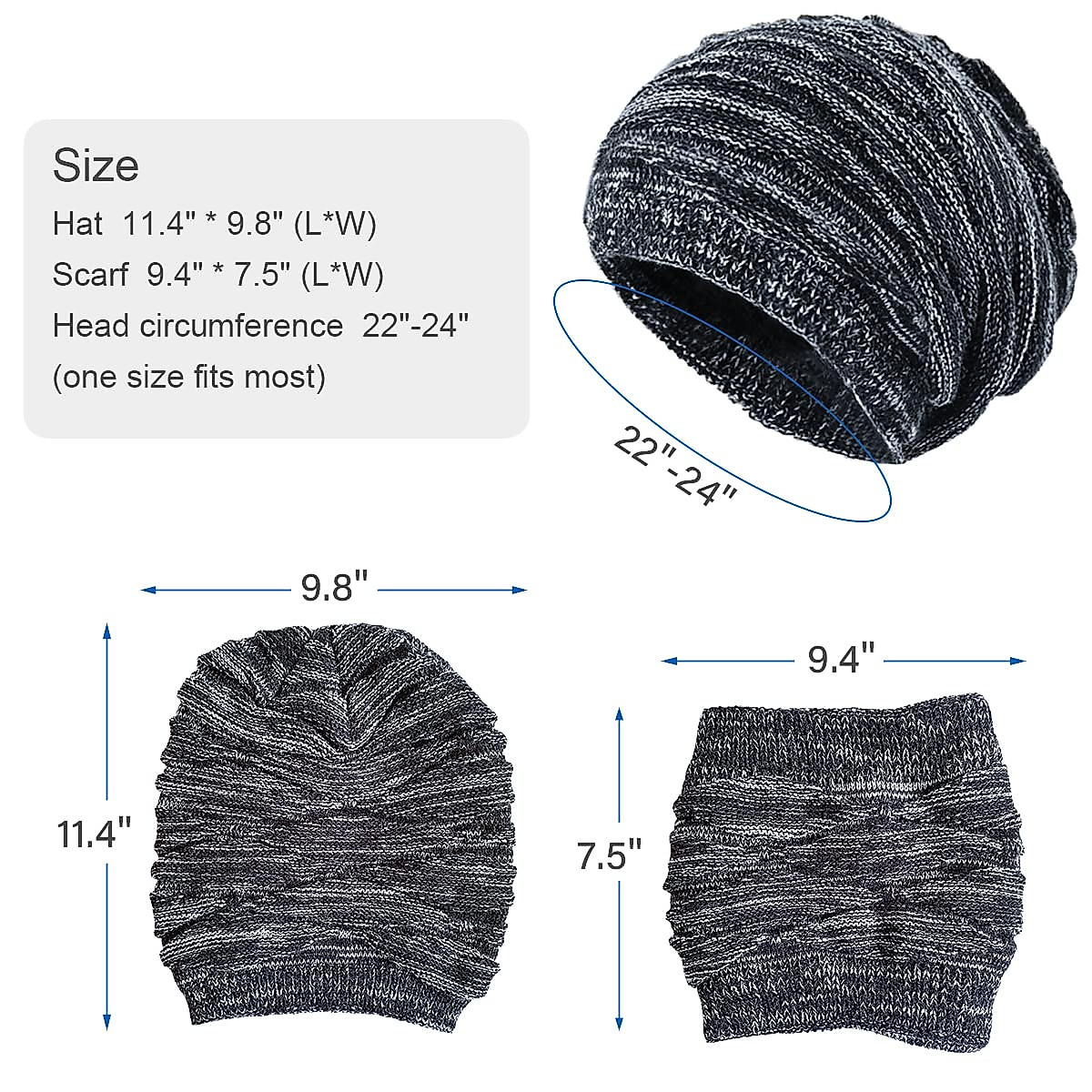 Womens Slouchy Beanie and Scarf Set for Girls Warm Knit Winter Ski Hat with Fleece Lined (BLACK)