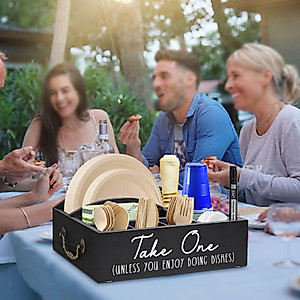 Paper Plate Holder, Paper Plate Dispenser for Kitchen Counter, Wood Cutlery Flatware Organizer Box for Party, Picnic BBQ, Wood Silverware Holder Utensil Caddy for Plate, Cup, Fork, Spoon Napkin(Black)