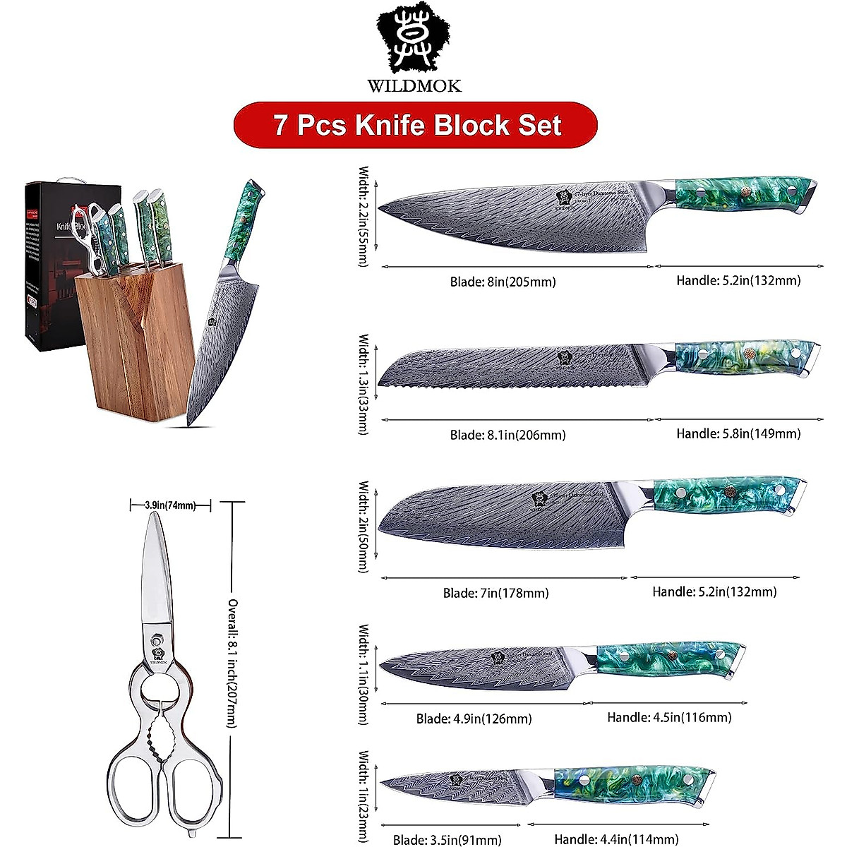 WILDMOK Damascus Kitchen Knife with Block 7pcs Premium Kitchen Knives Set with Resin Handle Professional Ultra Sharp Chef Knives Set with Gift Box