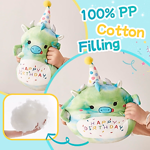 BSTAOFY 15'' Cute Happy Birthday Dinosaur Soft Plush Pillow Green Dinosaur Birthday Stuffed Animal Gifts for Boys Girls Baby Kids